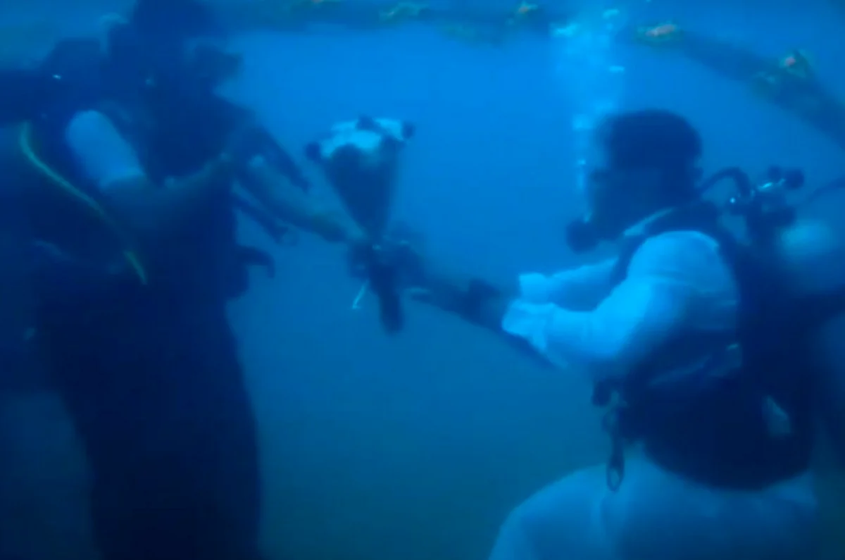 Video: Couple dive 60 feet underwater to tie knot