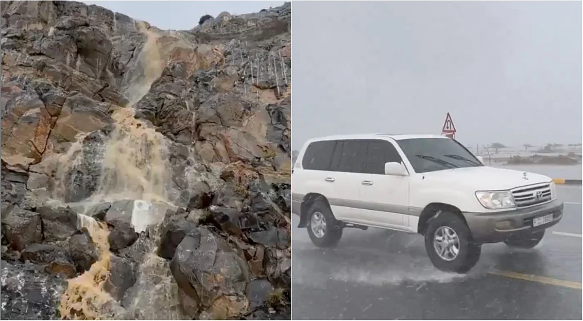 Watch: Heavy rains hit parts of Sharjah as waterfall flows through RAK ...